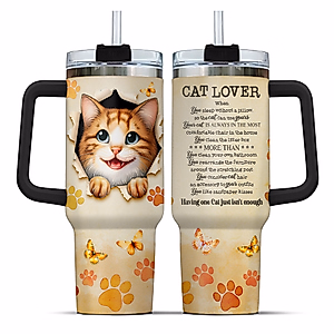 99OWL Funny Adults Tumblers Yellow For Women Insulated Coffee Brown Handle Cup Butterfly Cute Lovers Cups, Cat Gifts, Tumbler 40 Oz With Handle Lid And Straw, Cat Paw Lover