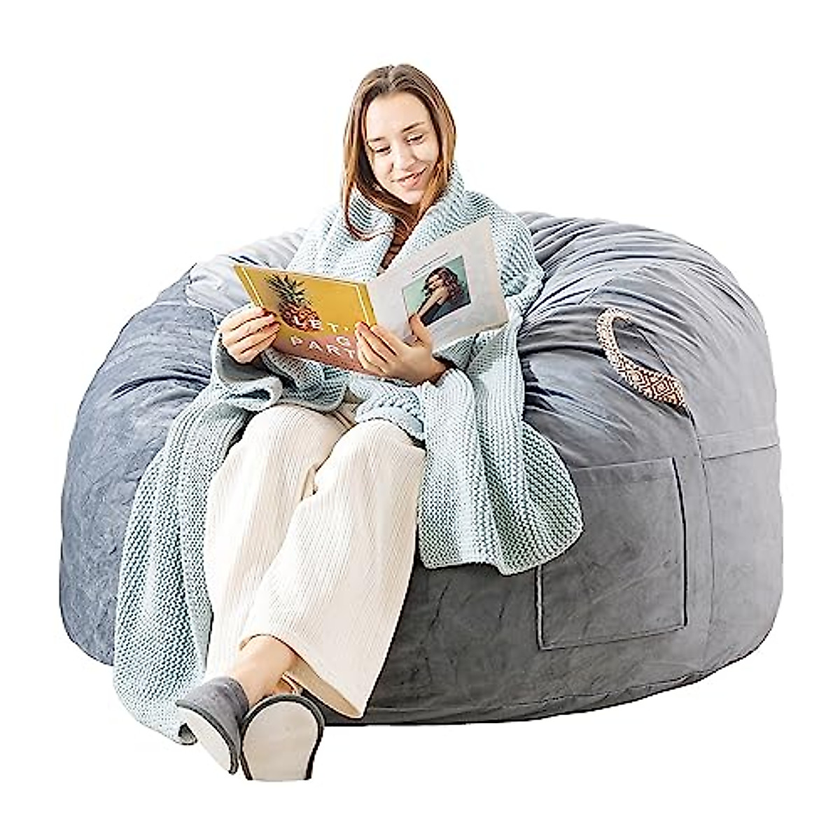 WhatsBedding [Removable Outer Cover] 3 ft Bean Bag Chairs for Adults with Filling,Stuffed Memory Foam Bean Bags with Filler,Soft Velvet Bean Bag Furniture for Teens,Machine Washble,3 Foot,Dark Gray