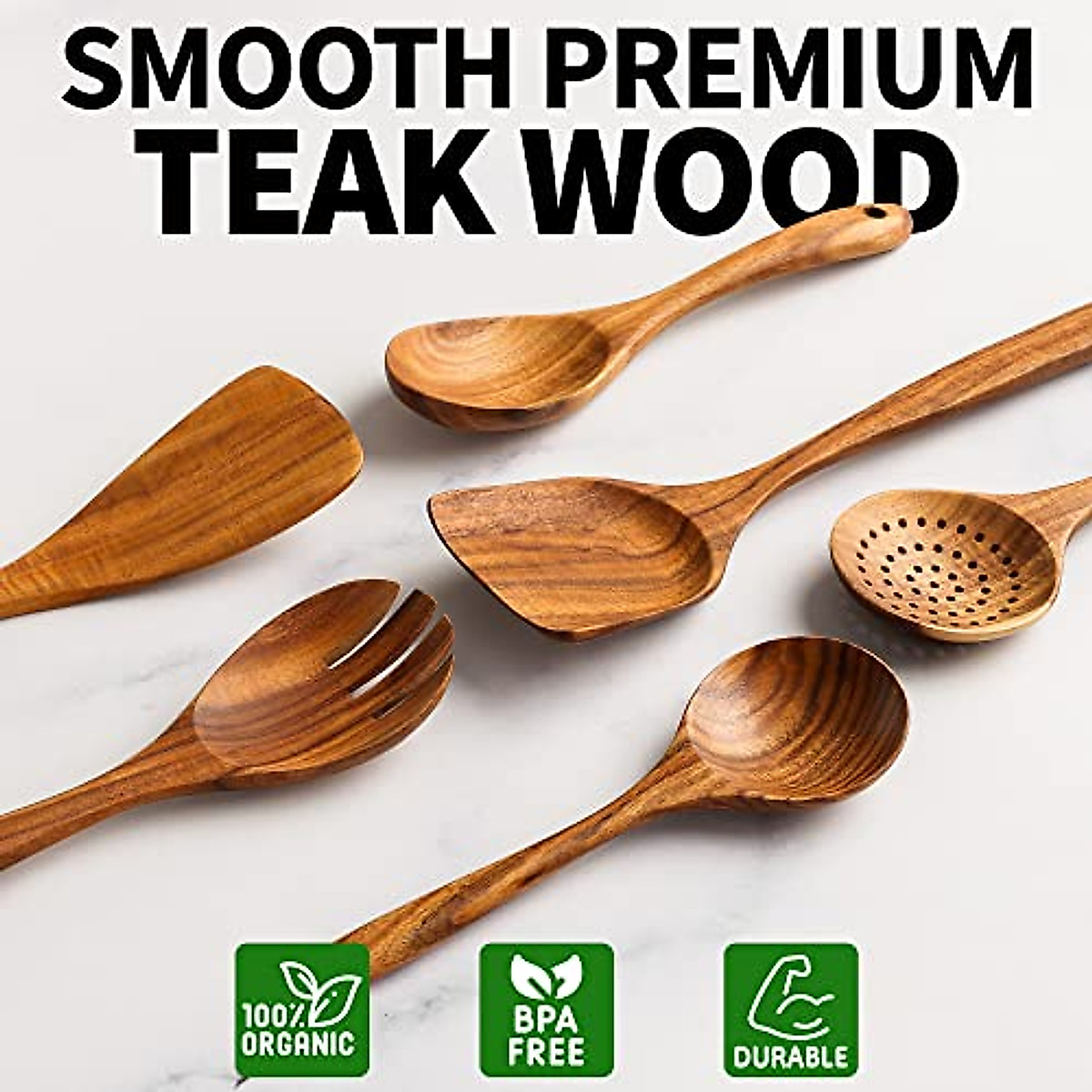 Zulay Kitchen 6 Piece Wooden Spoons for Cooking - Smooth Finish Teak Wooden Utensils for Cooking - Soft Comfortable Grip Wood Spoons for Cooking - Non-Stick Wooden Cooking Utensils - Wooden Spoon Sets