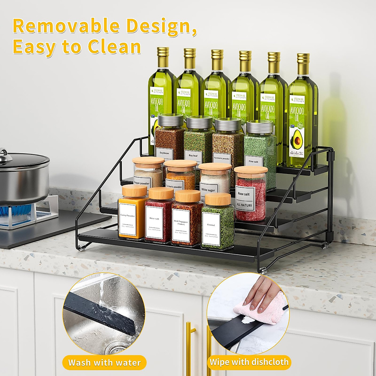 RCHYFEED Spice Rack Organizer for Cabinet Pantry,4 Tier Countertop Spice Rack,Step Spice Organization Easy Visibility,Tierd Depth Expandable Seasoning Shelf for Cabinet Organizer (Black, 1Pack)