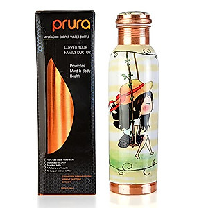 PRURA Pure Printed Copper Water Bottle - Leak Proof Ayurvedic Drinkware Copper Vessel for Sports, Gym, Outdoors, Yoga, Health Benefits (30 oz)
