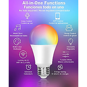 Smart Light Bulbs,Color Changing Light Bulbs That Work with Alexa and Google Assistant,2.4GHz WiFi & Bluetooth Music Sync Multicolor LED Bulbs,7W(60W Eqv.) E26 A19 for Smart Home Lighting-4PACK