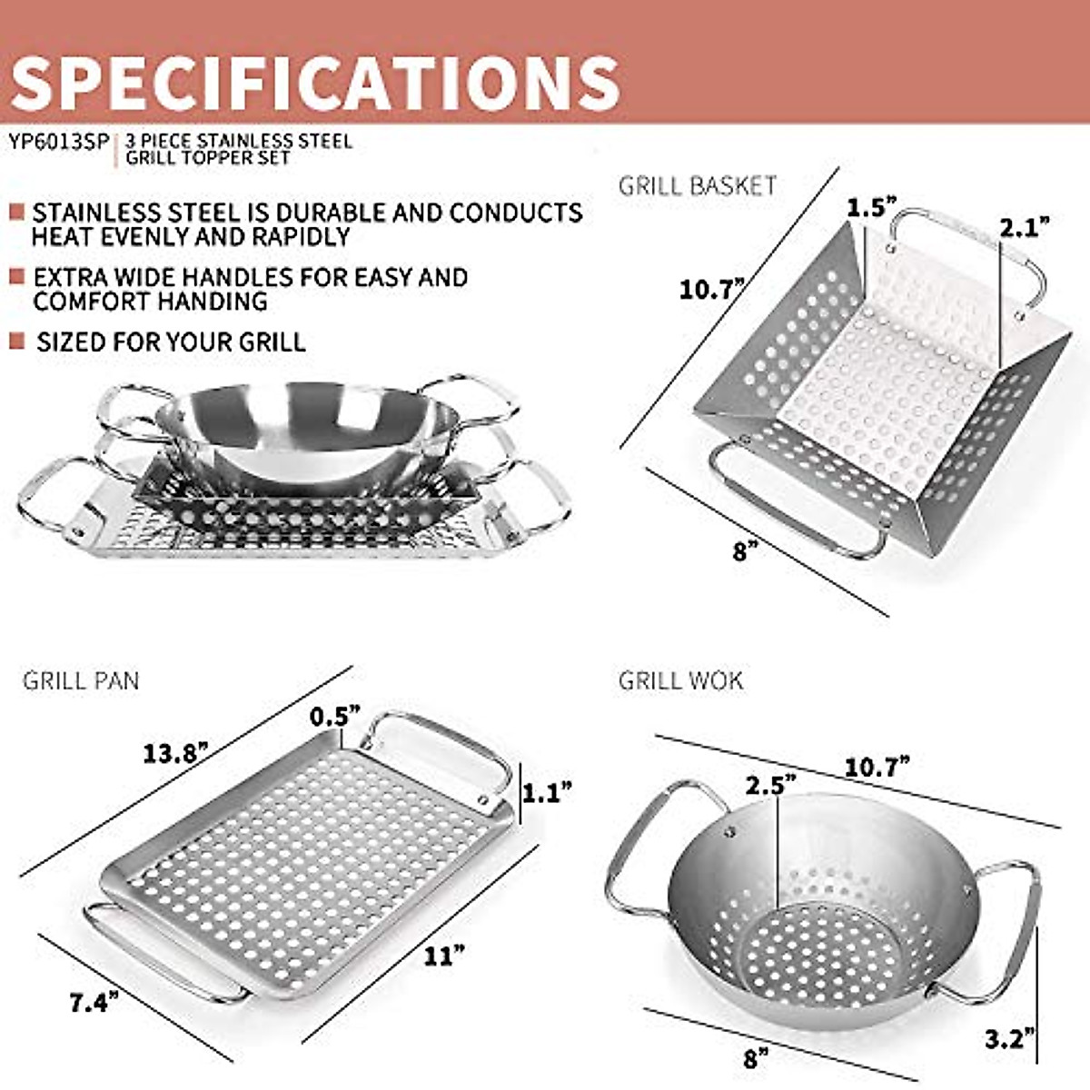 Extreme Salmon 3-Piece Mini Small Grill Topper Set, Heavy Duty Stainless Steel BBQ Grill Wok Grill Basket Grill Pan Set Grill Accessories Perfect for Grilling Vegetable, Diced Meat, Seafood and More