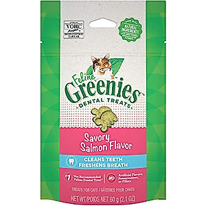 Greenies (4 Pack) Feline Dental Cat Treat Variety Bundle 4 Flavors - 2.1oz Each Bag, (1) Tempting Tuna, (1) Savory Salmon, (1) Oven Roasted Chicken, and (1) Catnip Flavor 10ct Pet Wipes
