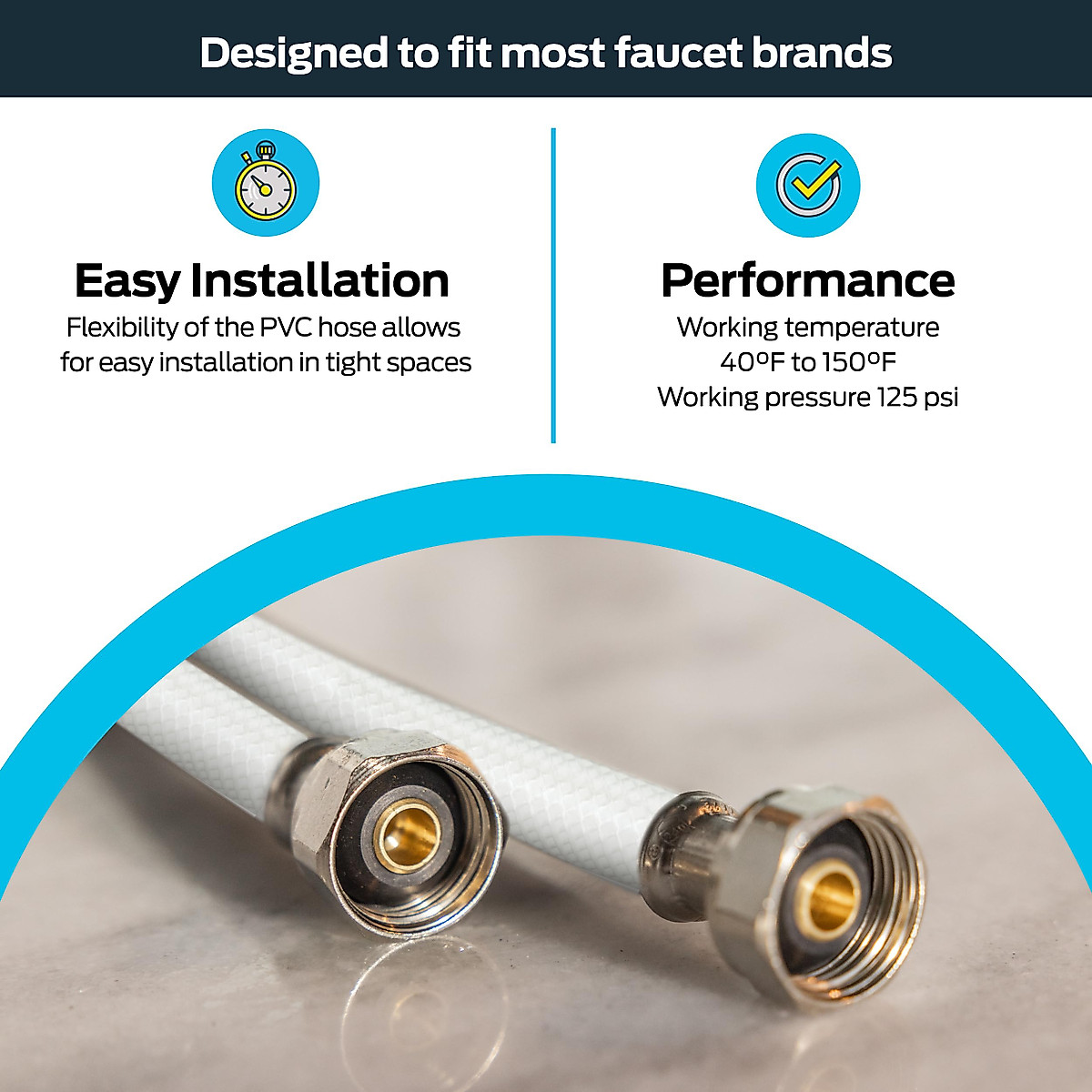 Eastman 30 Inch x 1/2 Inch FIP Flexible Faucet Connector, PVC Supply Hose Line with Nickel-Plated Brass Nuts, White, 48910