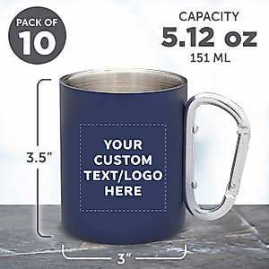 Custom Stainless Steel Mugs with Carabiner Handle 10 oz. Set of 10, Personalized Bulk Pack - Perfect for Coffee, Soda, Other Hot & Cold Beverages - Navy Blue