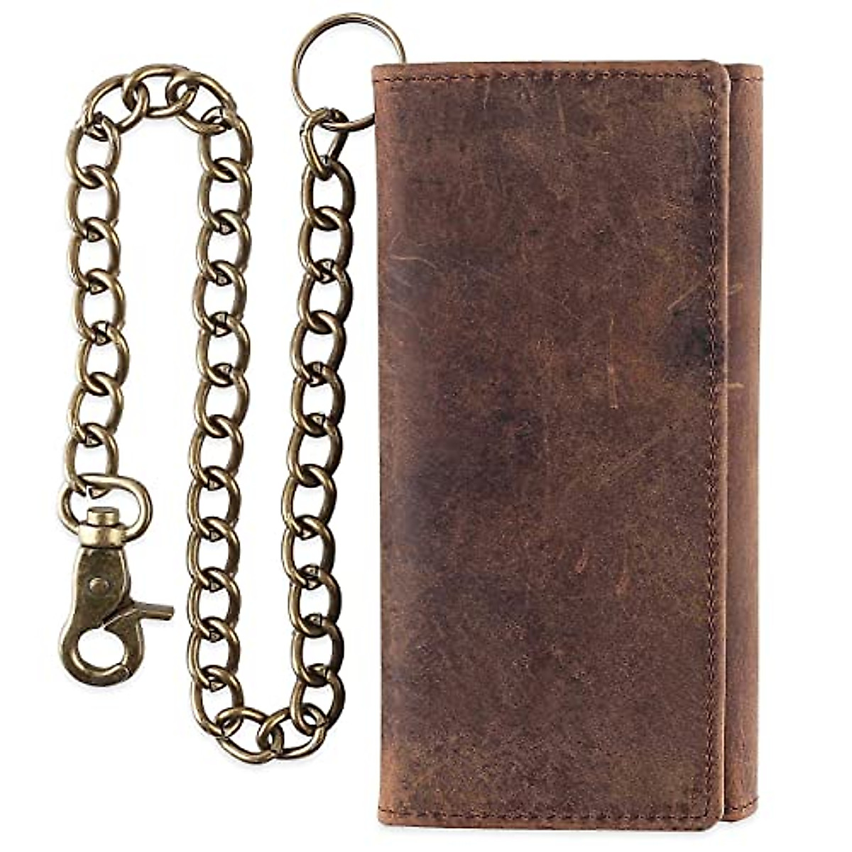 F&L CLASSIC RFID Blocking Mens Tri-fold Long Style Cowhide Leather Steel Chain Wallet,buffalo vintage leather