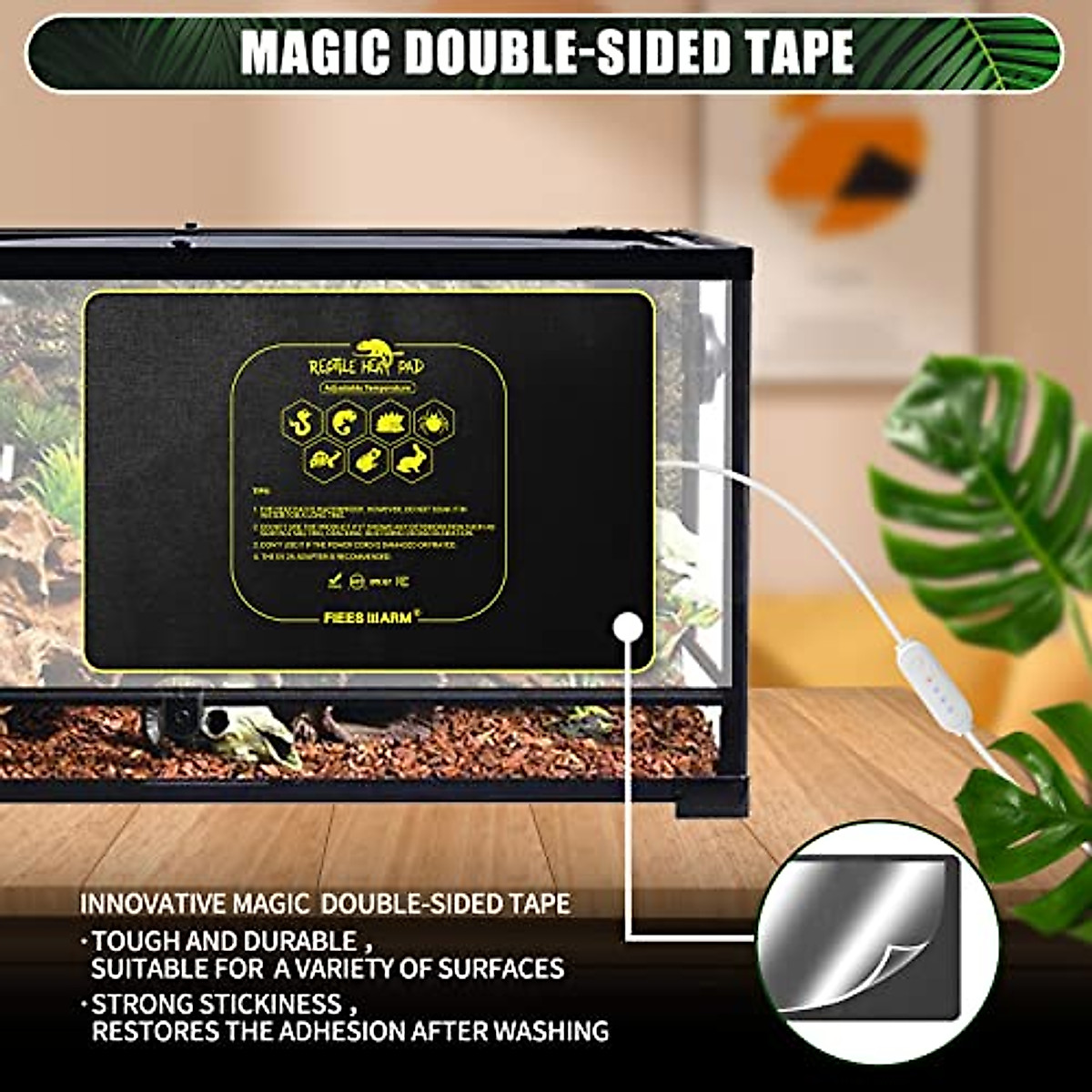 FIEESWARM Reptile Heating Pad Adjustable Temperature Under Tank Terrarium Heat Mat for Hermit Crab, Leopard Gecko, Tortoise, Snakes, Lizards. Reptile Heater with Thermometer (Rectangle)