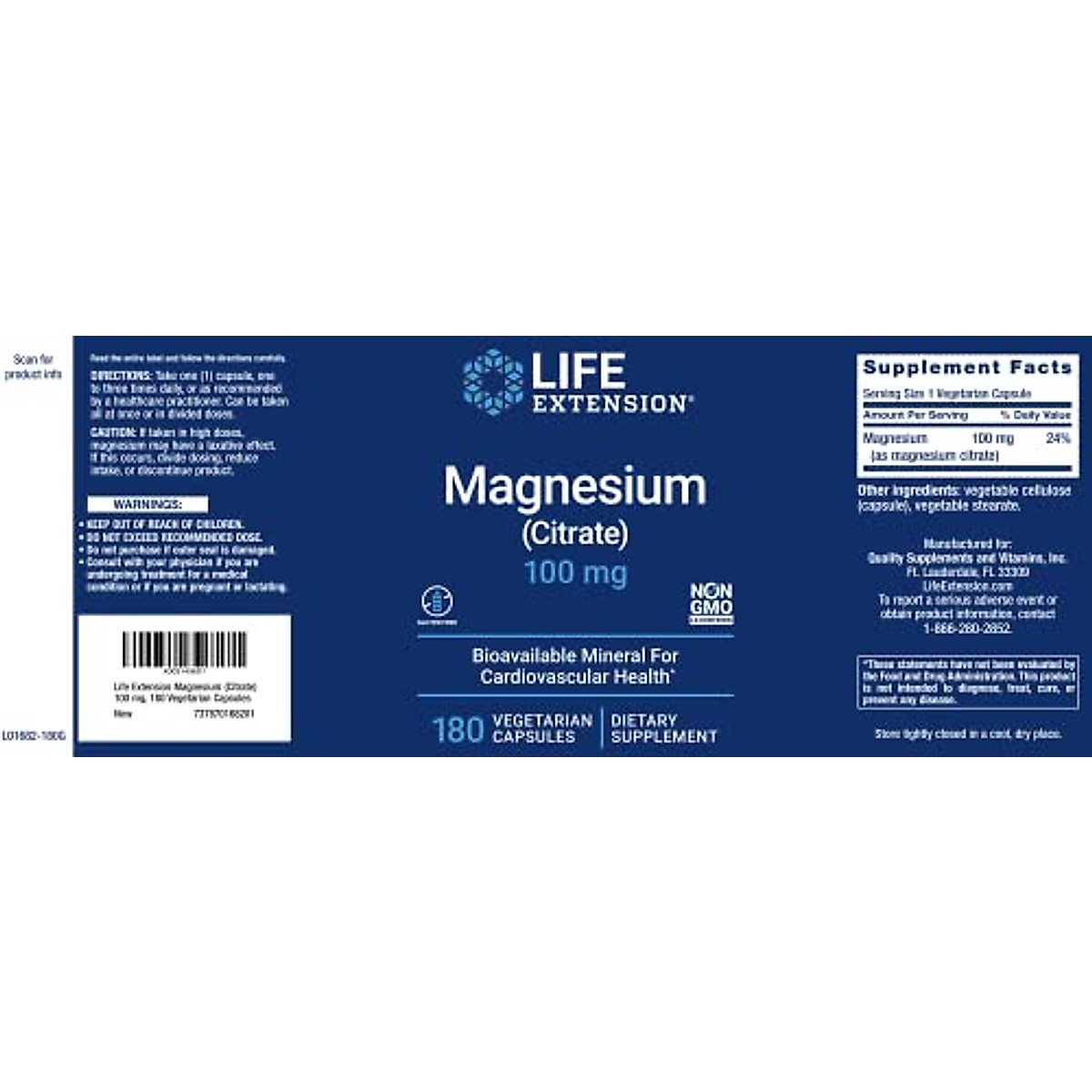 Life Extension Magnesium Citrate 100mg, 180 Veg Caps - Natural Mag Supplement - 100 mg Mineral Support Capsules - Vegan, Vegetarian, Non-GMO