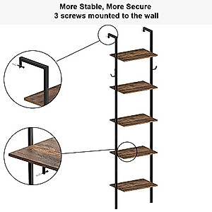 Tohomeor Industrial Bookshelf Wall Mounted 5-Tiers Ladder Shelf Wooden and Metal Narrow Thin Bookshelf Open Display Storage Rack for Living Room Bedroom Home Office (Rustic Brown, Small)
