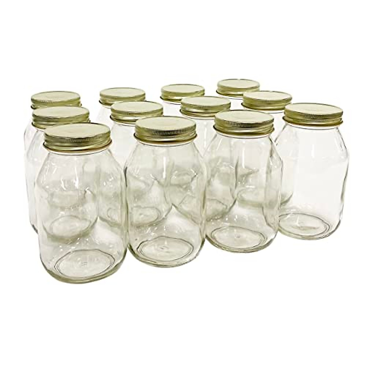 North Mountain Supply 32 Ounce Quart Glass Regular Mouth Mason Canning Jars - With Gold Safety Button Lids - Case of 12
