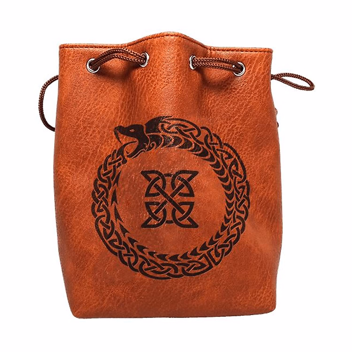 Brown Leather Lite Large Dice Bag with Ouroboros Design - Brown Faux Leather Exterior with Lined Interior - Stands Up on its Own and Holds 400 16mm Polyhedral Dice