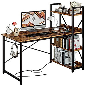 IRONCK Computer Desk 47" with Power Outlet & Storage Shelves, Study Writing Table with USB Ports Charging Station, PC Desk Workstation for Home Office, Rustic Brown