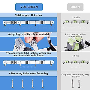 VOSIGREEN Broom & Mop Holder, Wall Mount Organizer Hanger for Rakes, Utensils, Tools-3 Clamps, 4 Hooks-17” Self Adhesive or Drillable Installation-For Kitchen, Garage, Garden, Office, Closet, 2 Pack