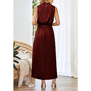 PRETTYGARDEN Women's Long Formal Satin Dress Mock Neck Sleeveless Side Slit Flowy Maxi Tank Dresses (Deep Red,Medium)