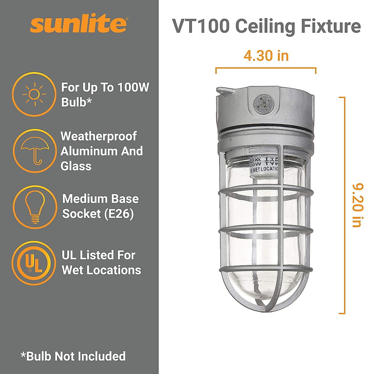 Sunlite 41329-SU Vaporproof Industrial Jar Fixture, Ceiling Mount, Medium Base Socket (E26), 100W Max, 120 Volt, Outdoor, UL Listed, Clear Glass Jar, Metallic Finish