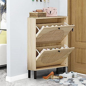 Yoluckea Rattan Shoe Storage Cabinet/Rack with 2 Flip Drawers for Entryway Modern Wooden Free Standing for Heels Slippers Hallway Bedroom Small Space(Natural)