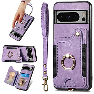 JanCalm for Pixel 8 Pro Case,Card Holder Wallet for Google Pixel 8 Pro Case,Ring Stand,RFID-Blocking,Wrist Strap,Camera Protector,Leather Protective Magnetic Flip Cover (Purple, 8 Pro 6.7 Inches)
