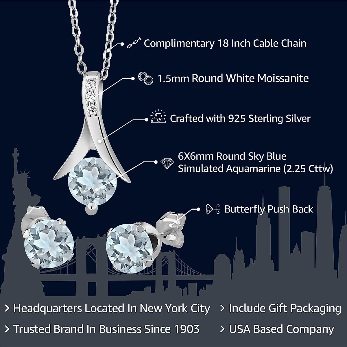 Gem Stone King 925 Sterling Silver Aquamarine Pendant and Earrings Jewelry Set For Women (2.25 Cttw, Round Gemstone Birthstone, with 18 Inch Silver Chain)