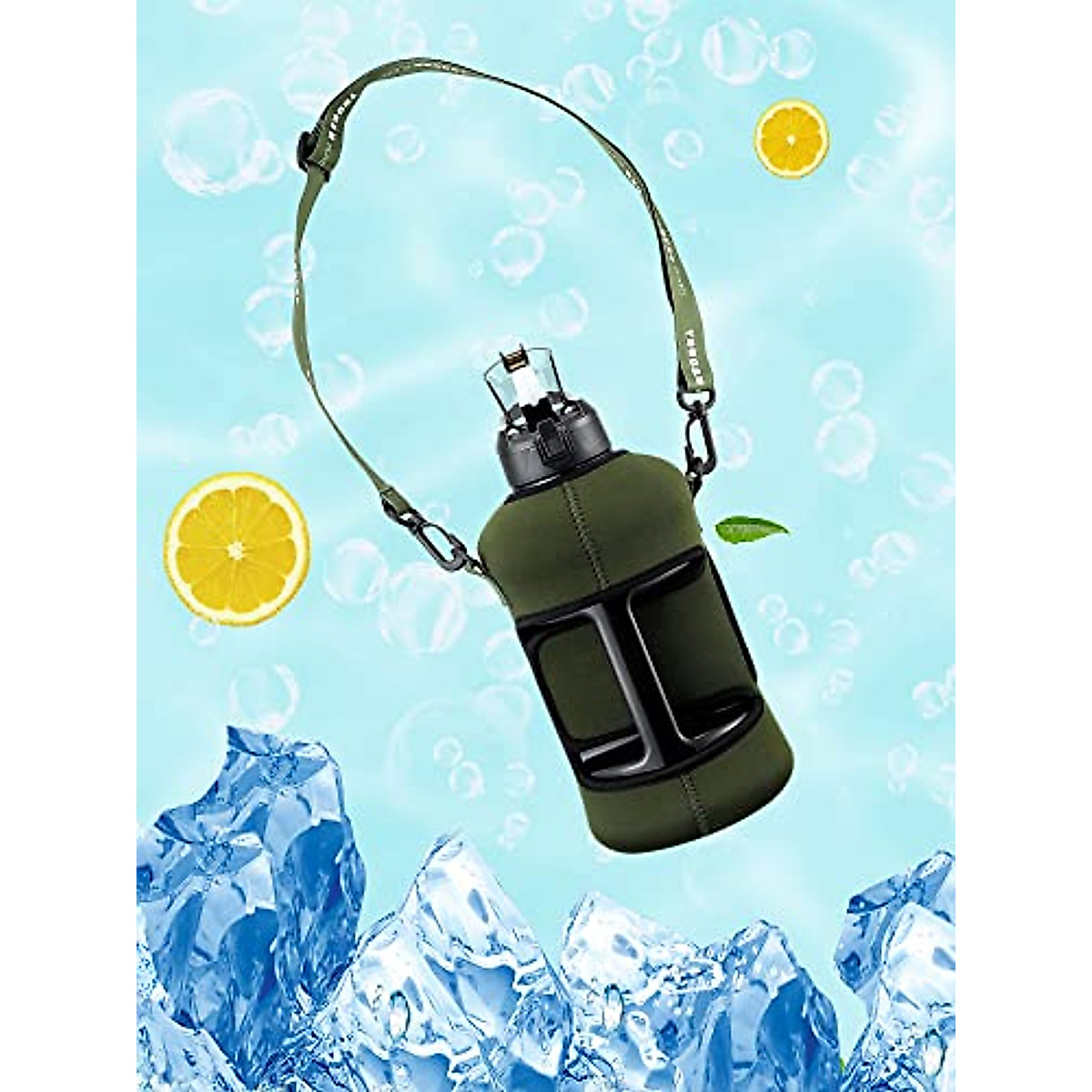 YOUCAN PLATO 64 oz Half Gallon Water Bottle with Sleeve-Large Water Bottle -Big Gym Water Bottle with Straw- Gallon Water Jug with Handle and Bottle Brush-BPA Free-2 Liter workout bottle, Army Green