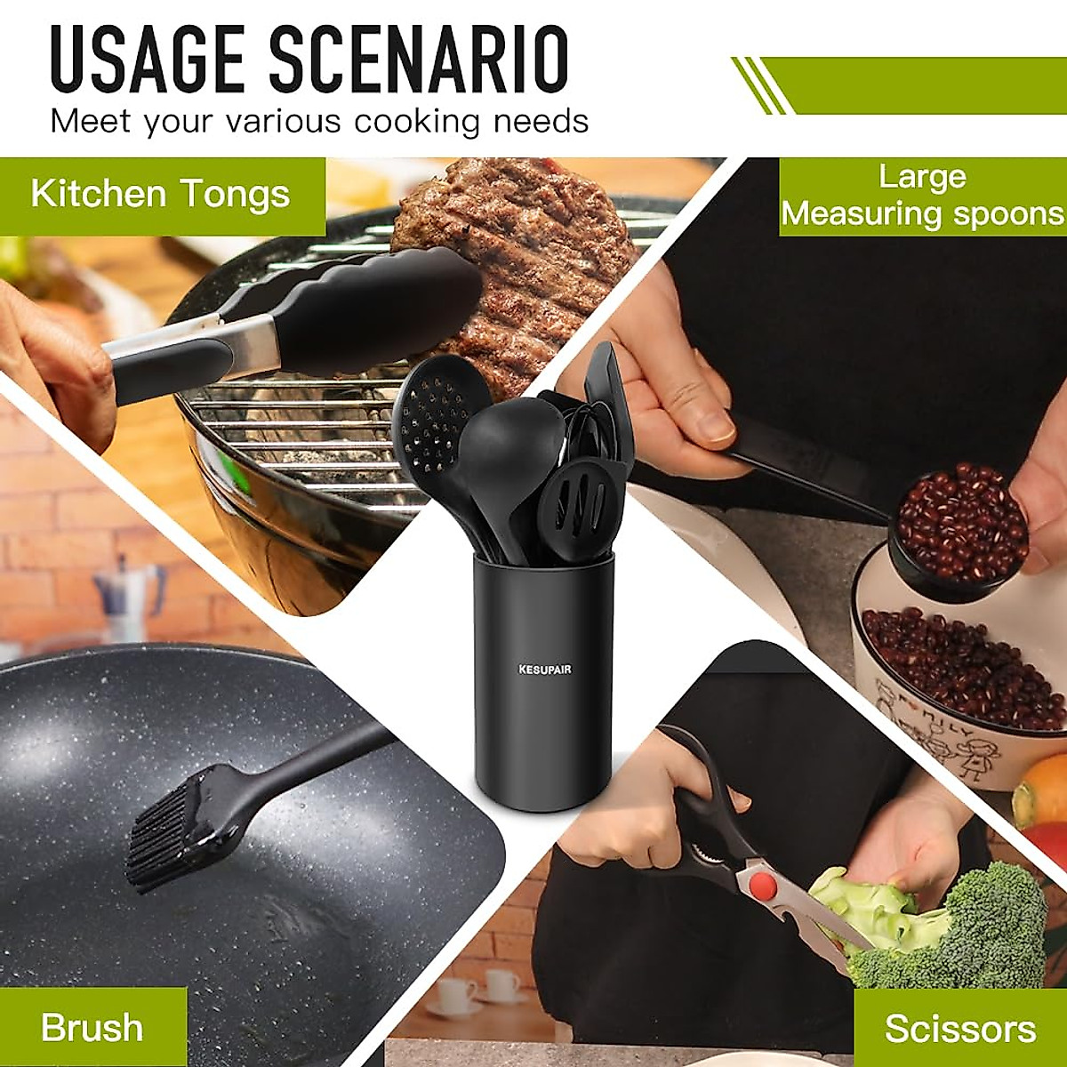 Kitchen Utensils Set - 446°F Heat Resistant Silicone Cooking Utensils Set-Kitchen Tools and Gadgets for Cooking Nonstick Cookware (Black)