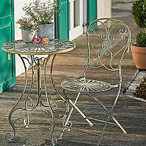 Sungmor Indoor Outdoor Bistro Chair, Garden Patio Balcony Metal Chair Furniture, Two Piece Antique Green 15.8D*36.6H Chairs, Decorative Pretty Chair with Rustic Style and Unique Pattern