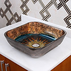 ELITE Square Volcanic Pattern Tempered Glass Bathroom Vessel Sink & Oil Rubbed Bronze Finish Faucet Combo
