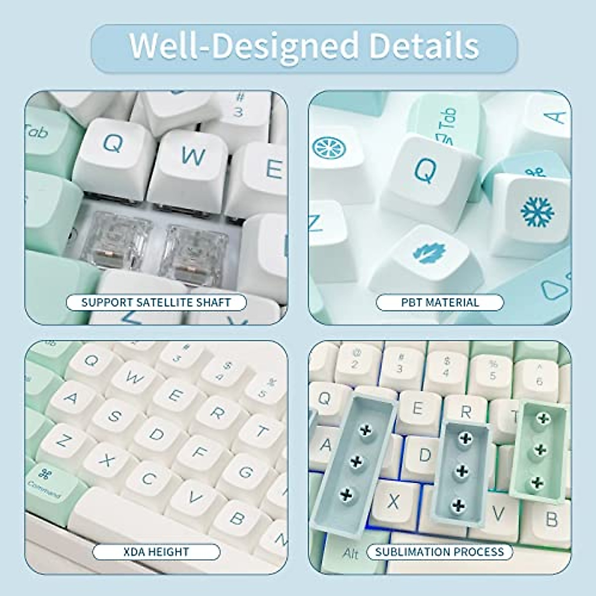 JOLINTAL 134 Keys White Green Keycaps, PBT Light Blue Keycaps, XDA Profile Keycaps Dye Sublimation Keycaps, 60 Percent Keycaps Set Suitable for Cherry MX Gaming Mechanical Keyboards (Crystal Mint)
