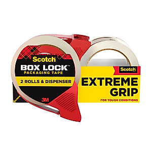 Scotch Box Lock Packaging Tape, 2 Rolls with 1 Refillable Dispenser, 1.88 in x 54.6 yd, Extreme Grip, Sticks Instantly to Any Box