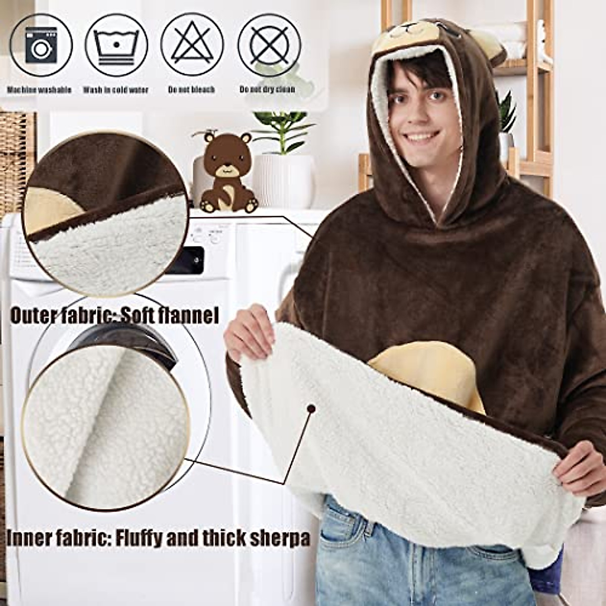 Lovemonster Cute Little Bear Cosplay Animal Pajamas Cozy Flannel Sherpa Pullover Adult Christmas Halloween Costume Brown