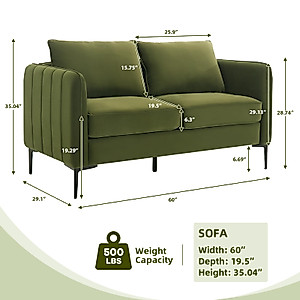 60 Inch Velvet Loveseat, Mid Century Modern Comfy Upholstered Sofa Couch with Metal Legs 2 Seater Sofa 6.3 Inch Extra Thick Cushion Couch for Living Room Small Spaces Apartment(Green)