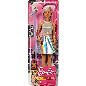 Barbie Pop Star Fashion Doll with Pink Hair & Brown Eyes, Iridescent Skirt & Microphone Accessory