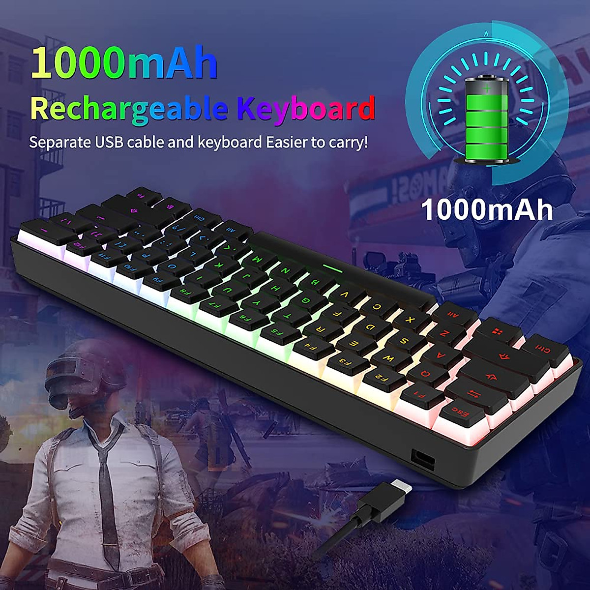 NACODEX Mini 60% Mechanical Gaming Keyboard - PBT Pudding Keycap Bluetooth 5.0 Rainbow Keyboard - 1000mAh Ultra-Compact Keyboard for Win/Mac/PC Gamer (Red Switch White)