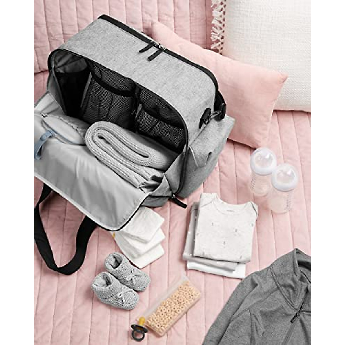 Skip Hop Diaper Bag: Iconic Duo Weekender, Extra Large Capacity with Changing Pad & Stroller Attachment, Grey Melange