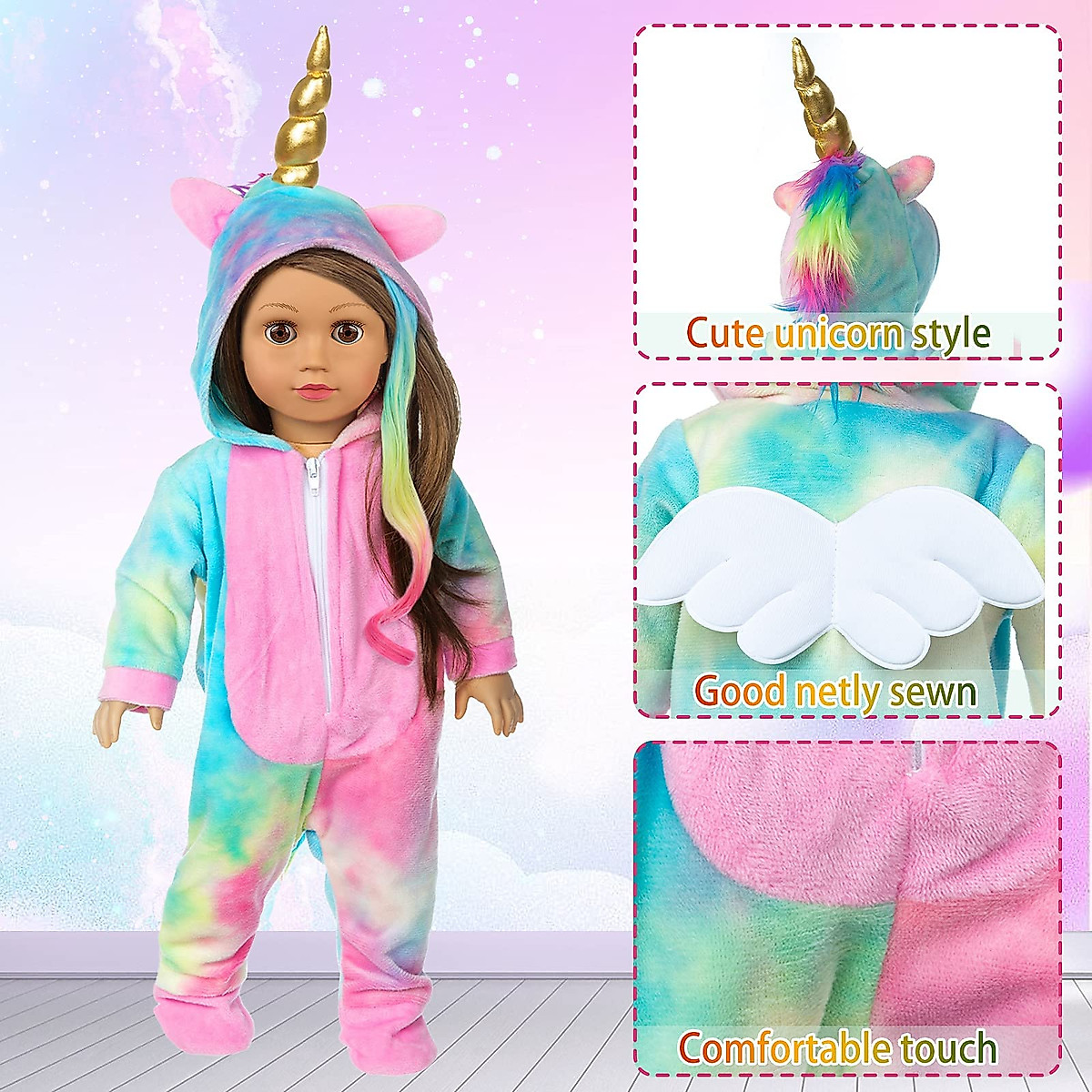 BDDOLL 18 Inch Doll Clothes-Rainbow Unicorn Doll Costume Onesie Pajama with Hair Bows Little Angel Wings Fits 18 Inch Girl Doll Accessories