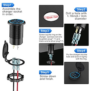 12V USB Outlet Wire USB Charger Multi Port, Dual PD3.0 USB-C and Quick Charge3.0 Car USB Port Socket with Power Switch, Fast Charge for iPhone iPad Android Phones, Suitable for Car Boat RV Marine ATV