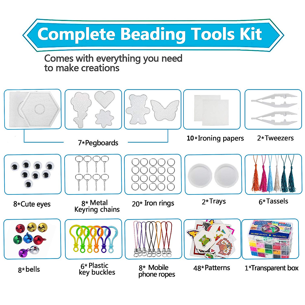 30,000 pcs Fuse Beads Kit 30 Colors 5MM for Kids, Including 10 Ironing Papers,48 Patterns, 7 Clear Pegboards, Tweezers, Perler Beads Compatible Kit