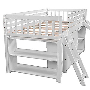 ATY Wooden Twin Size Low Loft Bed, Bedroom Bunkbed Frame with Attached Bookcases & Separate 3-Tier Drawers, Convertible Ladder and Slide, Home Furniture for Saving Space, White