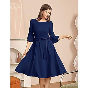 Modest Dresses for Women 3/4 Sleeve Vintage Wedding Guest Midi Dress Long Sleeve Dress for Women Fit and Flare Tea Party Homecoming Dress Navy L