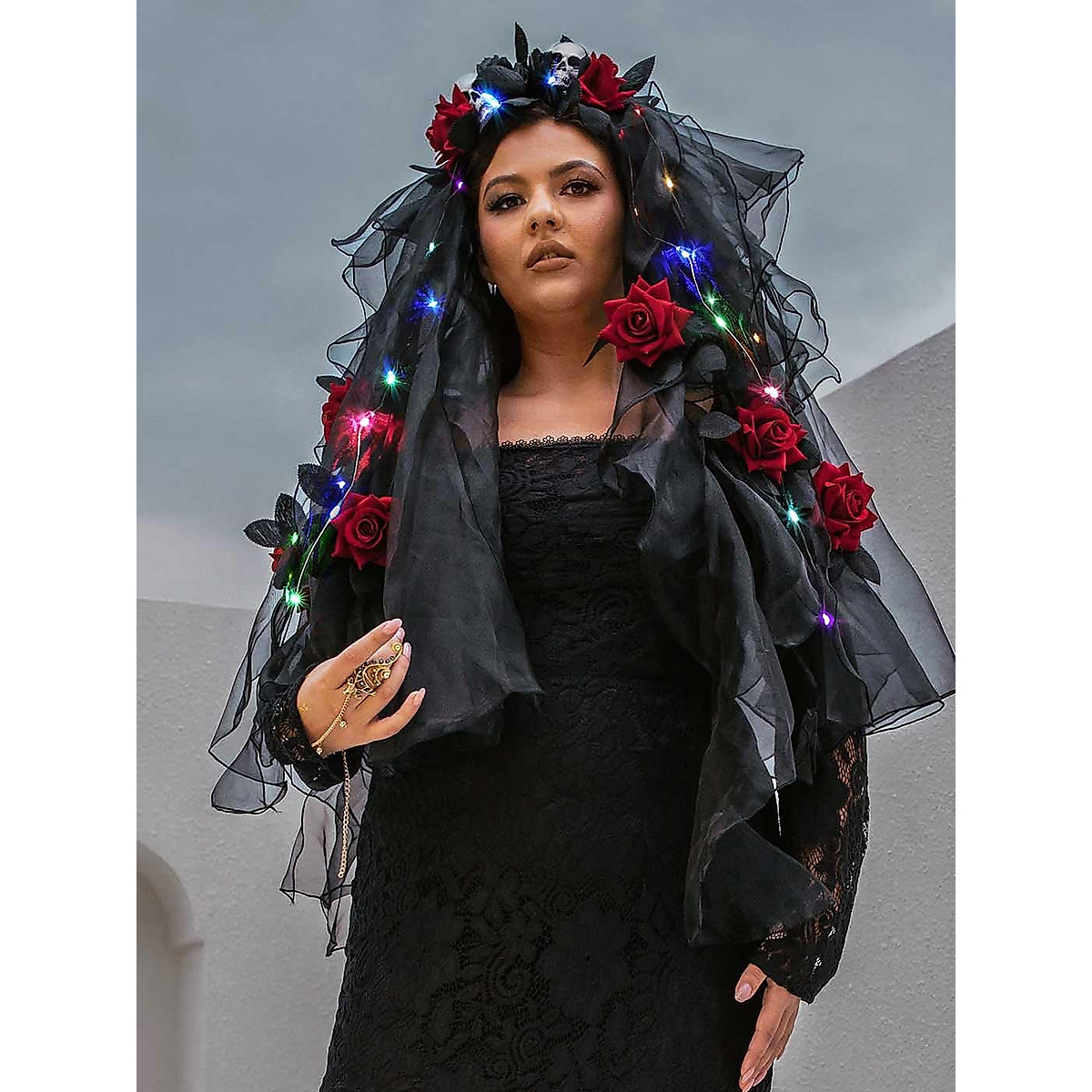 Unsutuo Led Day of the Dead Headband Veil Ligth Up Halloween Costume Headwear Gothic Skull Rose Headpiece Hair Accessories for Women