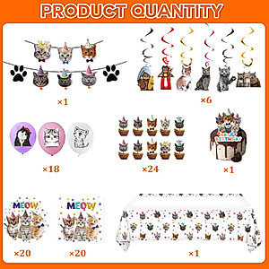 Juhap 96Pcs Cat Birthday Party Supplies, Kitten Birthday Decorations Includes Plates, Napkins, Table Covers, Cake Toppers, Balloons, Cat Banners, Swirls for Meow Kitty Theme Birthday Party Supplies
