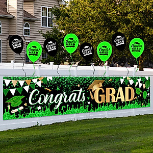 Large Congrats Grad Banner Green Class of 2023 Graduation Banner With 8 Pcs Balloons Decorations Yard Sign For College Graduation Party Supplies