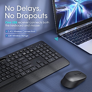 Veilzor Wireless Keyboard and Mouse Combo, 2.4GHz Lag-Free Ergonomic Keyboard Full-Size with Phone Holder & 10 Independent Shortcuts, Silent Mouse with 4 DPI for Computer, Desktop, Laptop