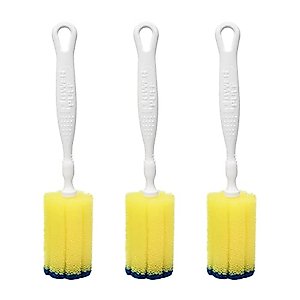 PowerPuff USA Made Reusable Baby Bottle Brush, Cleaning Sponge & Scrubber — 10" Long Handle to Scrubber — Baby Bottle, Water Bottle, Tumbler, Glass & Dish Sponge & Dish Scrub Brush — Pack of 3