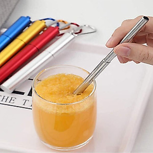 Hoshen Reusable Three-Section Foldable Metal Straw, Portable Telescopic Straw, Including Brush and Small Carabiner (Aluminum Alloy Shell), Black, 2 PCS