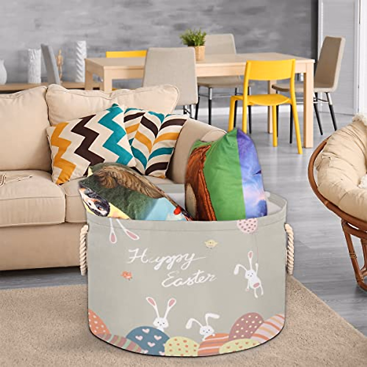 Happy Easter Egg And Rabbit Large Round Baskets for Storage Laundry Baskets with Handles Blanket Storage Basket for Bathroom Shelves Bins for Organizing Nursery Hamper Girl Boy