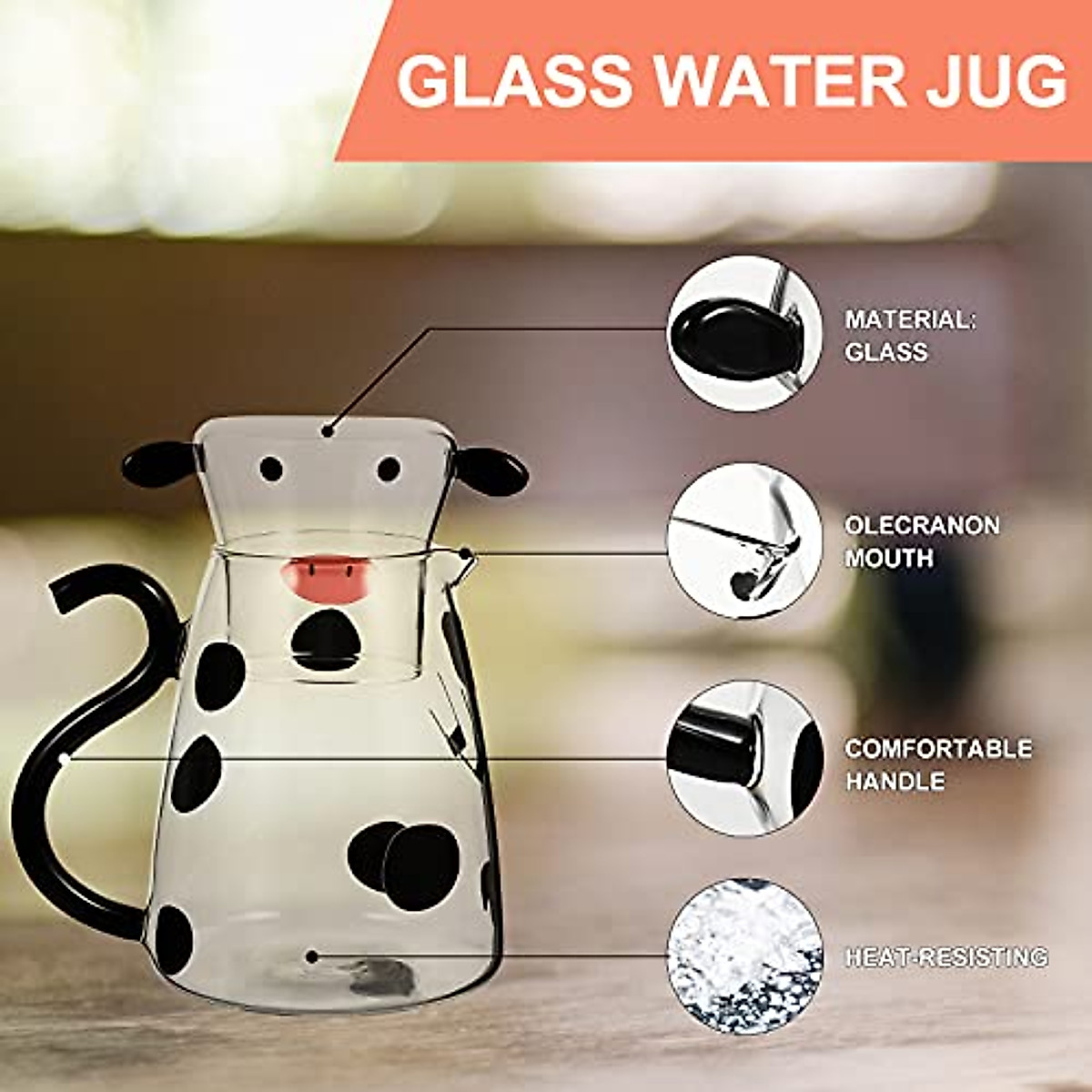 1 Set Glass Carafe Pitcher with Glass Mug Cute Cow Glass Tea Pitcher Kettle Milk Jug Night Water Carafe for Midnight Drink Home Office Hotel 550ml