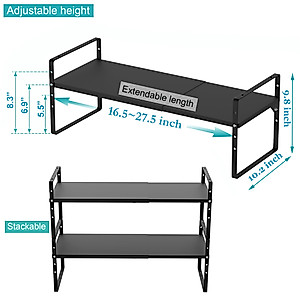 iPEGTOP Expandable Cabinet Storage Shelf Organizer, Heavy Duty Steel Metal Spice Rack Adjustable Height Home Office Garage Pantry Shelf Space Riser for Counter Kitchen Organization, Black, 1 Pack