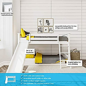 Max & Lily Solid Wood Twin Low Bunk Bed with Slide, White & Cotton Underbed Curtains, Blue & White