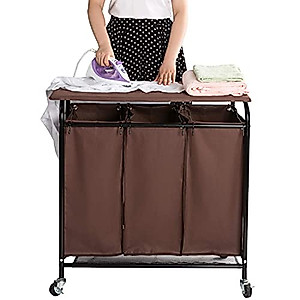 HollyHOME Laundry Cart 3-Bag Heavy-Duty Rolling with Ironing Board Laundry Room Organizer with Wheels Brown